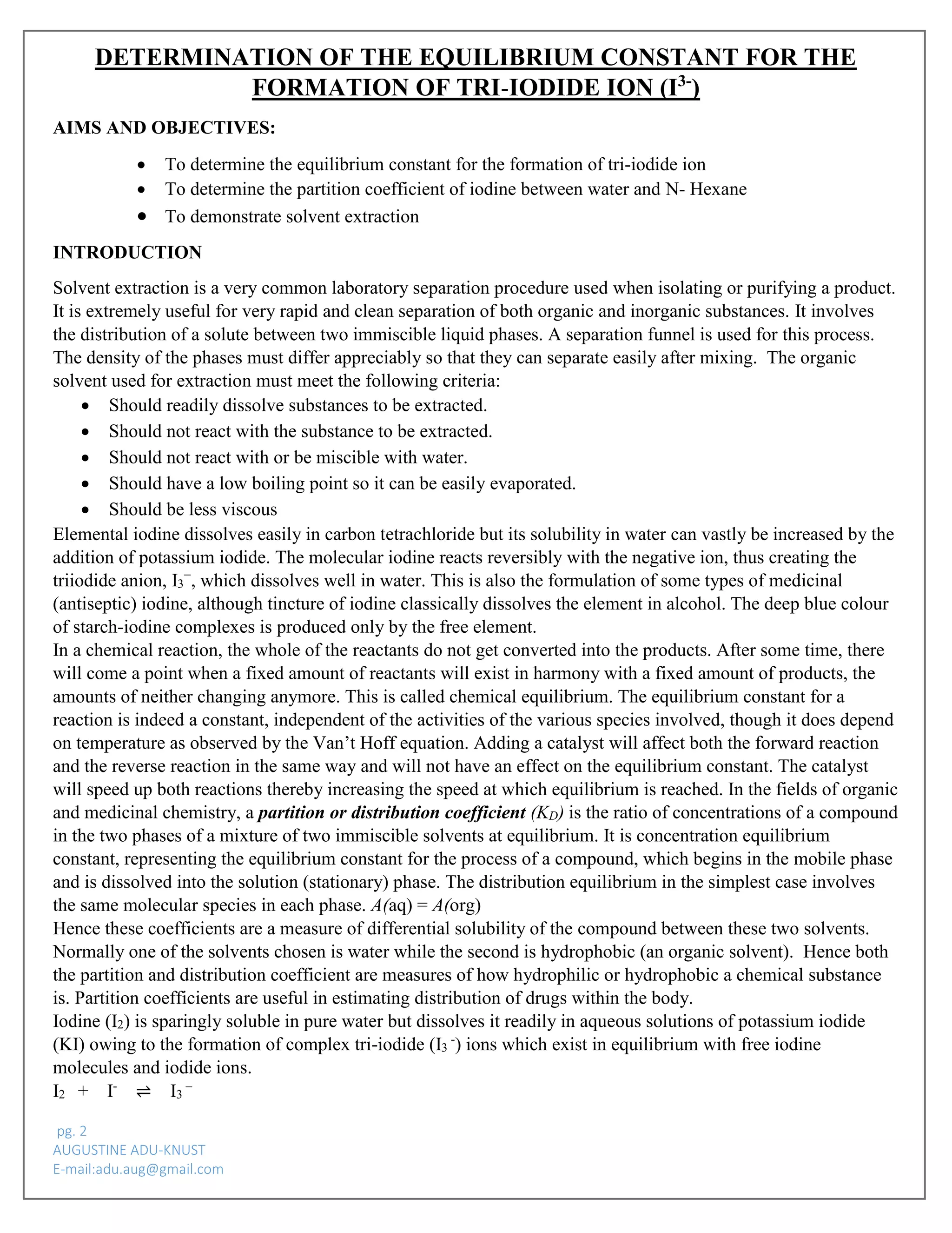 DETERMINATION OF THE EQUILIBRIUM CONSTANT FOR THE FORMATION OF TRI ...