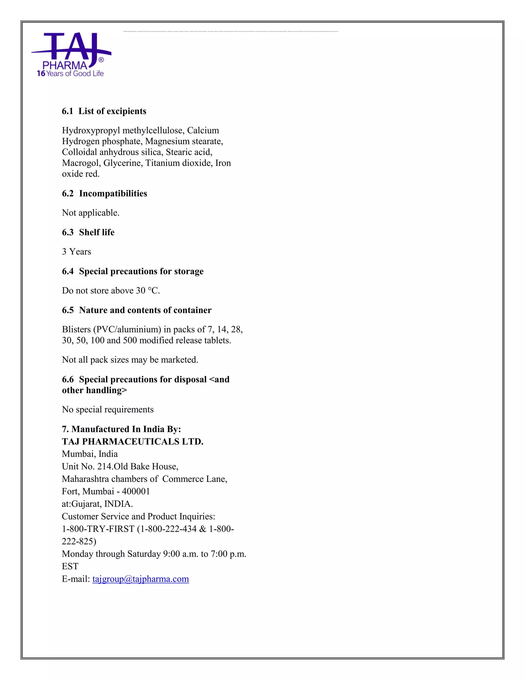 Trimetazidine HCl MR Tablets Taj Pharma SmPC | PDF