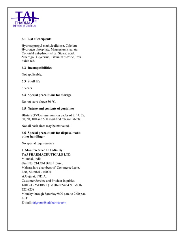 Trimetazidine HCl MR Tablets Taj Pharma SmPC | PDF