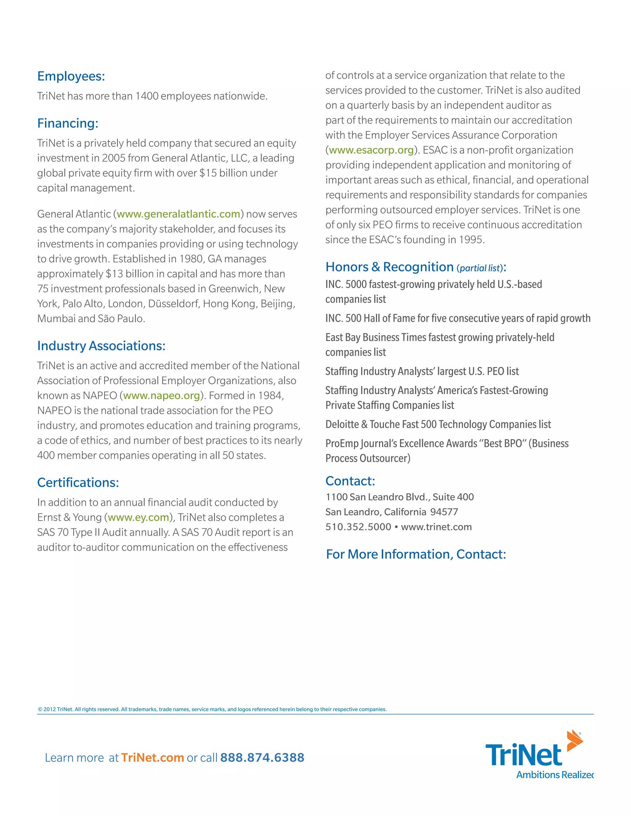 TriNet Corporate Fact Sheet | PDF | Human Resources | Business