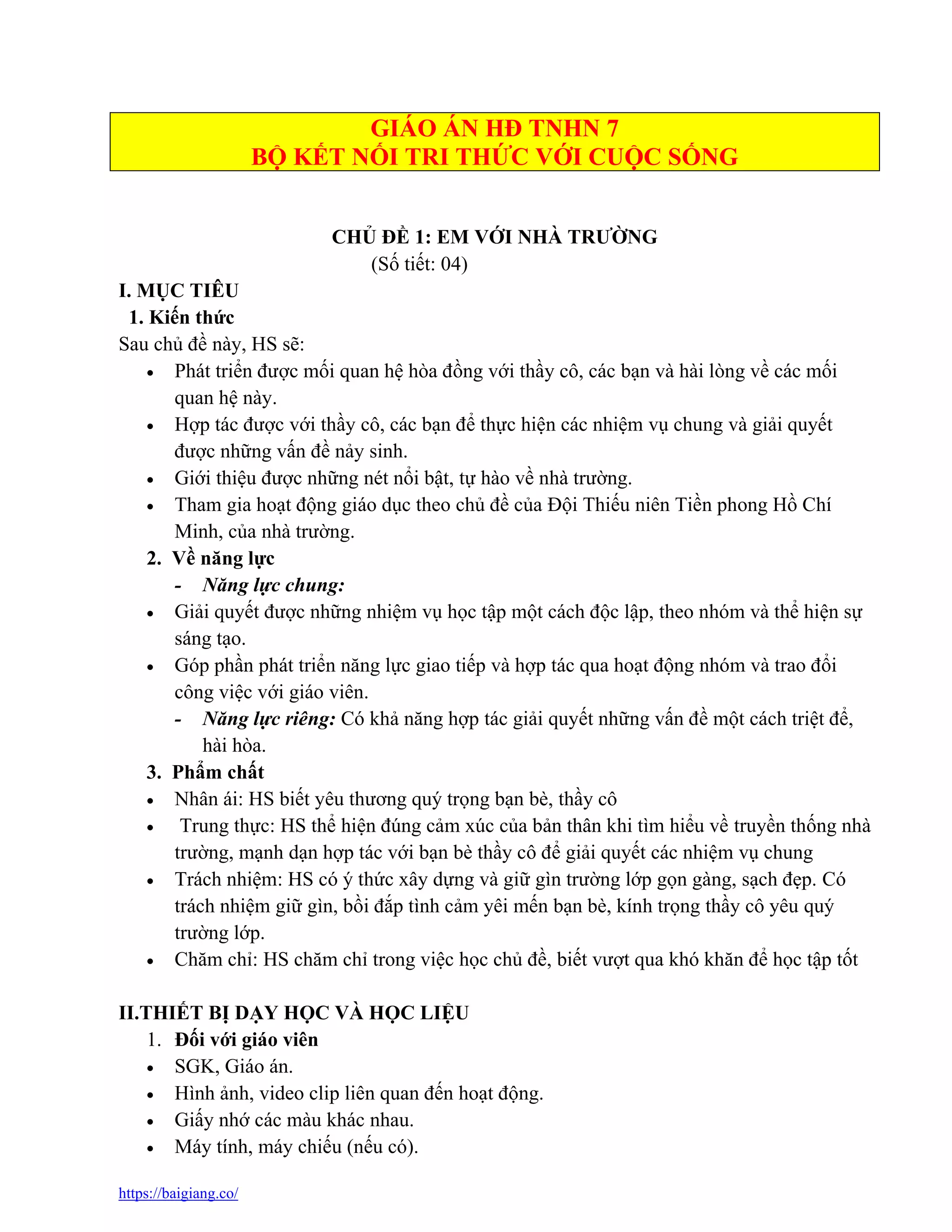 Giáo án Hoạt động trải nghiệm Lớp 7 - Bộ sách Kết nối tri thức với cuộc sống - Chương trình cả ...