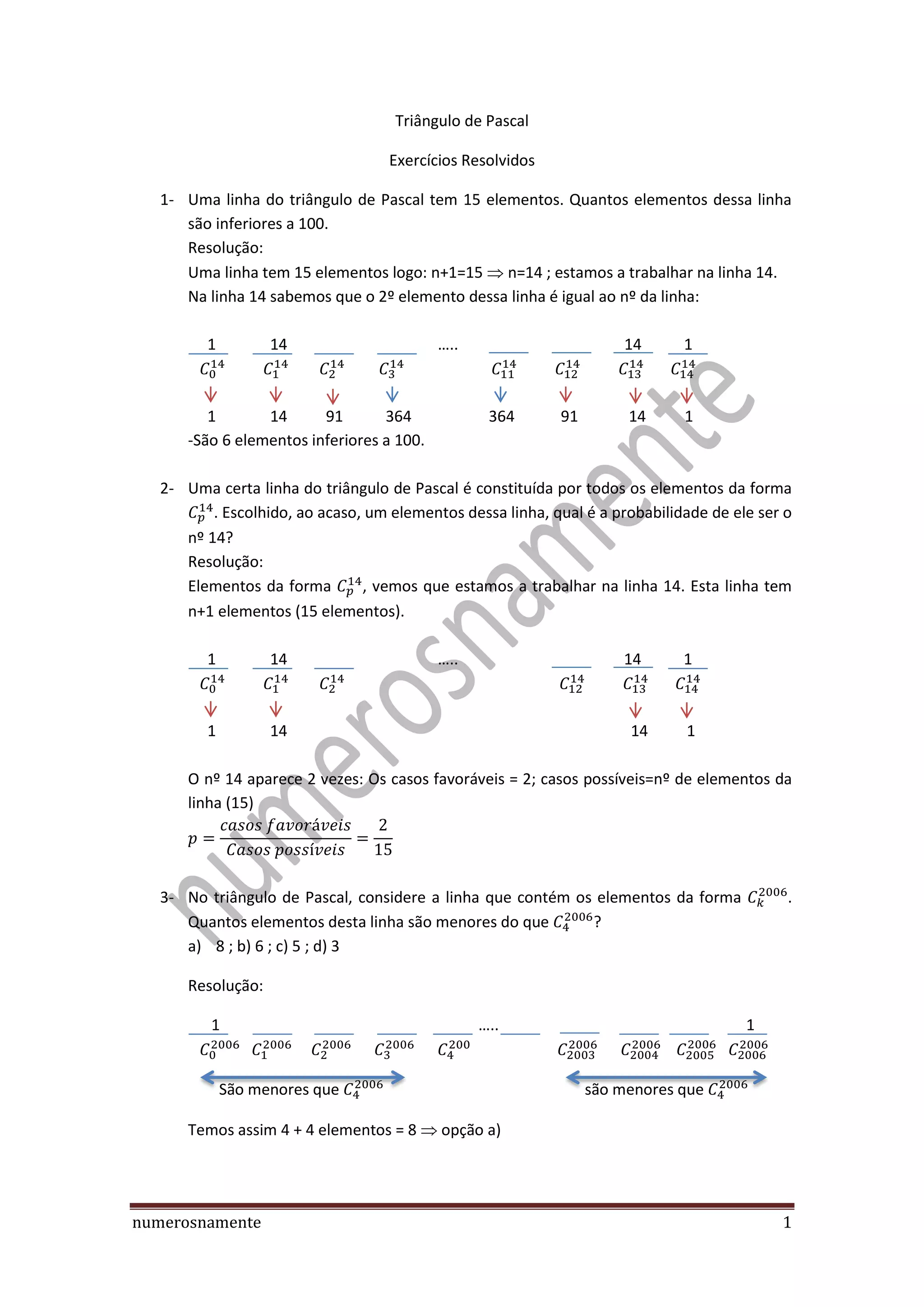 Triângulo de Pascal: Exercícios resolvidos | PDF