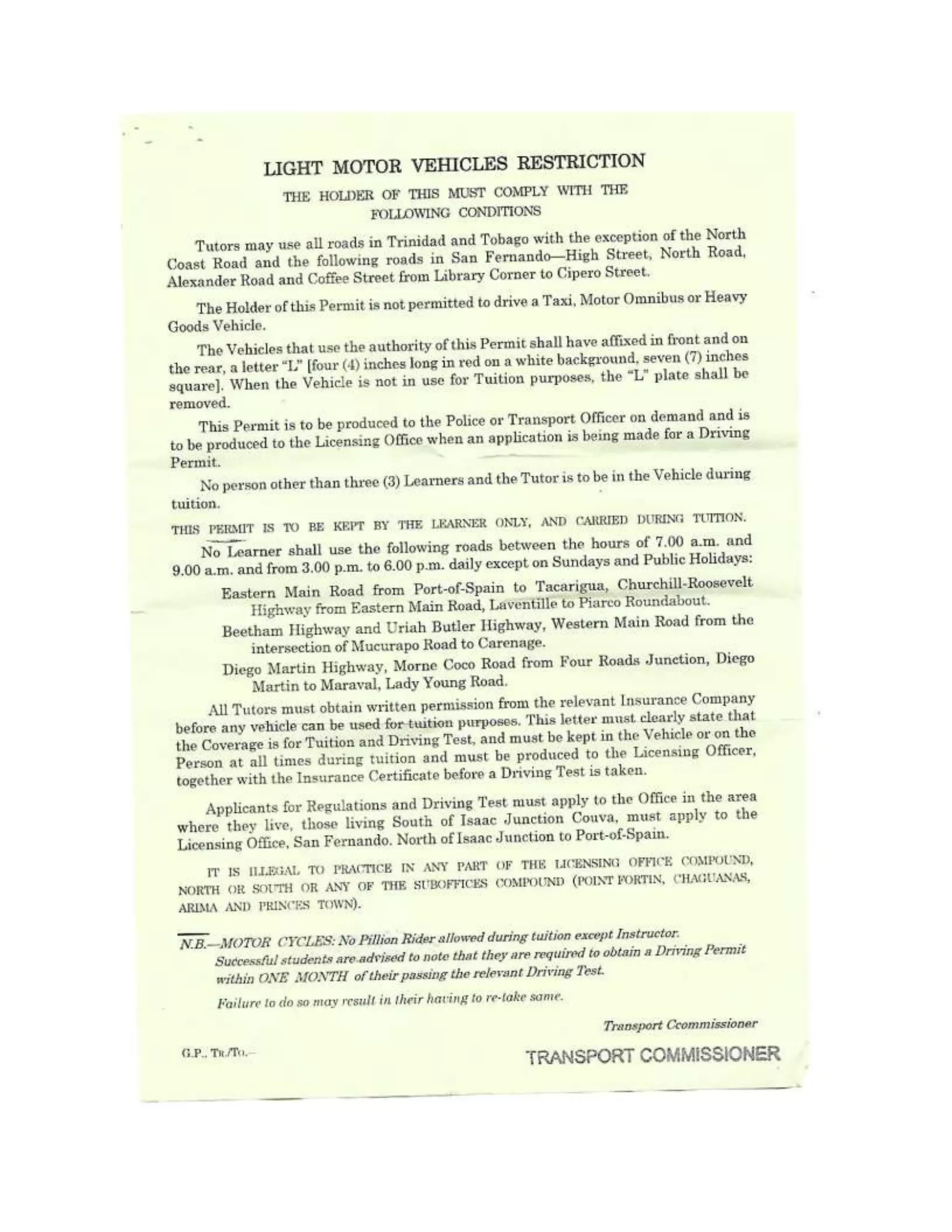 Trinidad and Tobago learners permit class 3 light motor vehicle ...