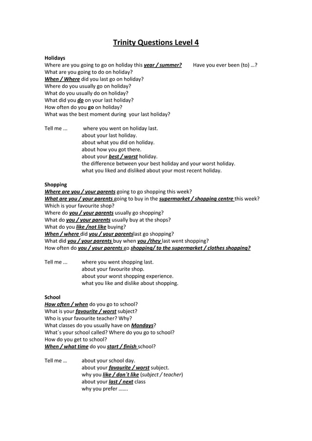 Trinity questions level 4 | DOCX