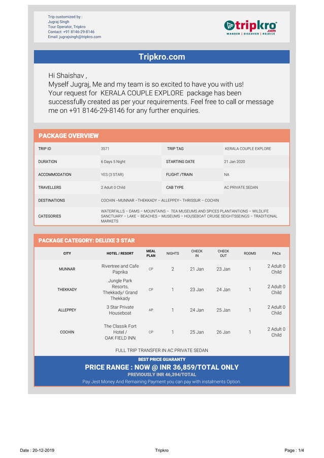Tripkro trip id 3571 kerala couple explore | PDF