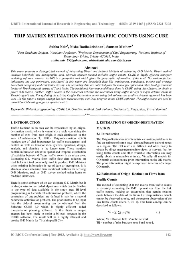 Trip matrix estimation from traffic counts using cube | PDF