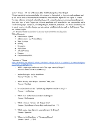 Tripura : 100 Trivia Questions That Will Challenge Your Knowledge! | PDF