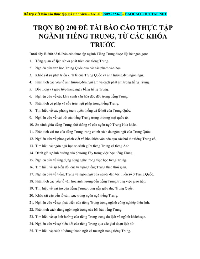 Trọn Bộ 200 Đề Tài Báo Cáo Thực Tập Ngành Tiếng Trung, Từ Các Khóa Trước | DOCX