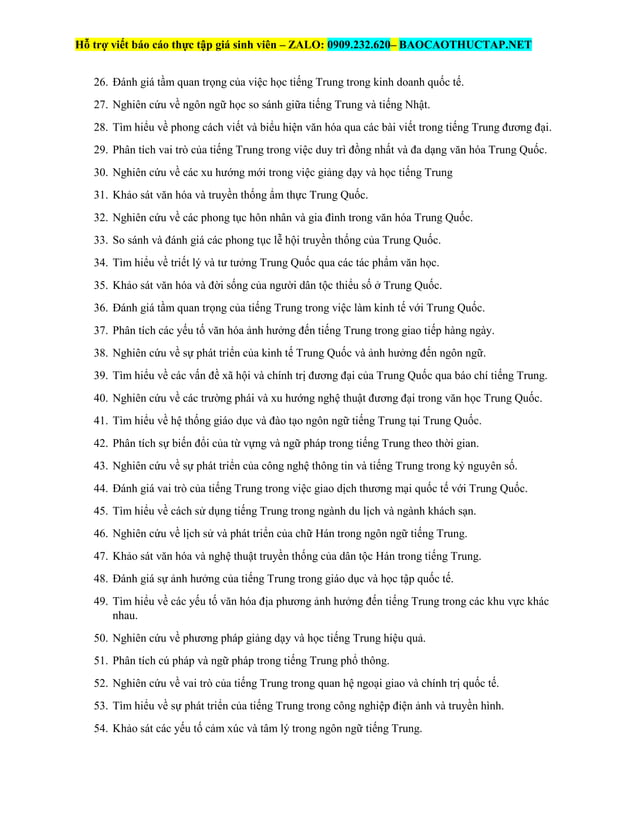 Trọn Bộ 200 Đề Tài Báo Cáo Thực Tập Ngành Tiếng Trung, Từ Các Khóa Trước | DOCX