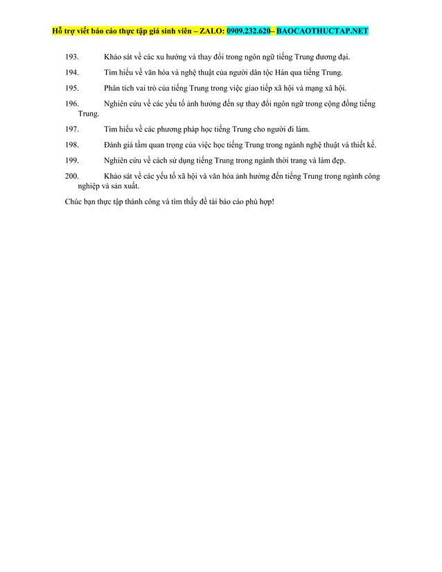 Trọn Bộ 200 Đề Tài Báo Cáo Thực Tập Ngành Tiếng Trung, Từ Các Khóa Trước | DOCX