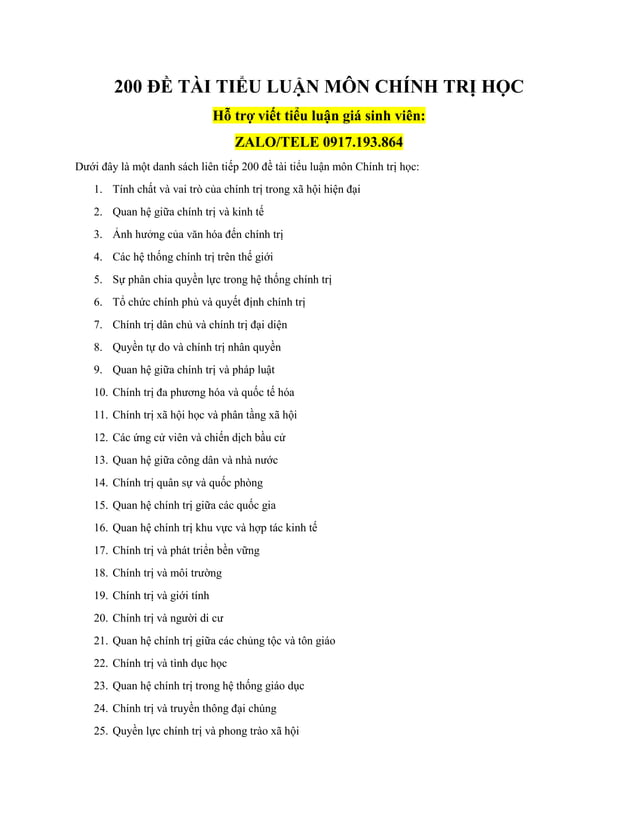 Trọn Bộ 200 Đề Tài Tiểu Luận Môn Chính Trị Học, Mới Nhất. | PDF