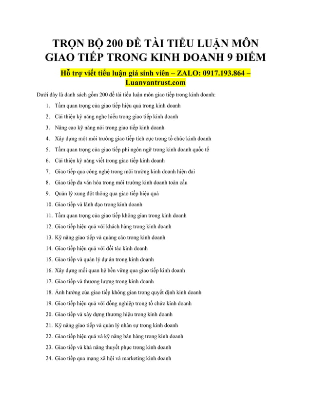 Trọn Bộ 200 Đề Tài Tiểu Luận Môn Giao Tiếp Trong Kinh Doanh 9 Điểm | PDF