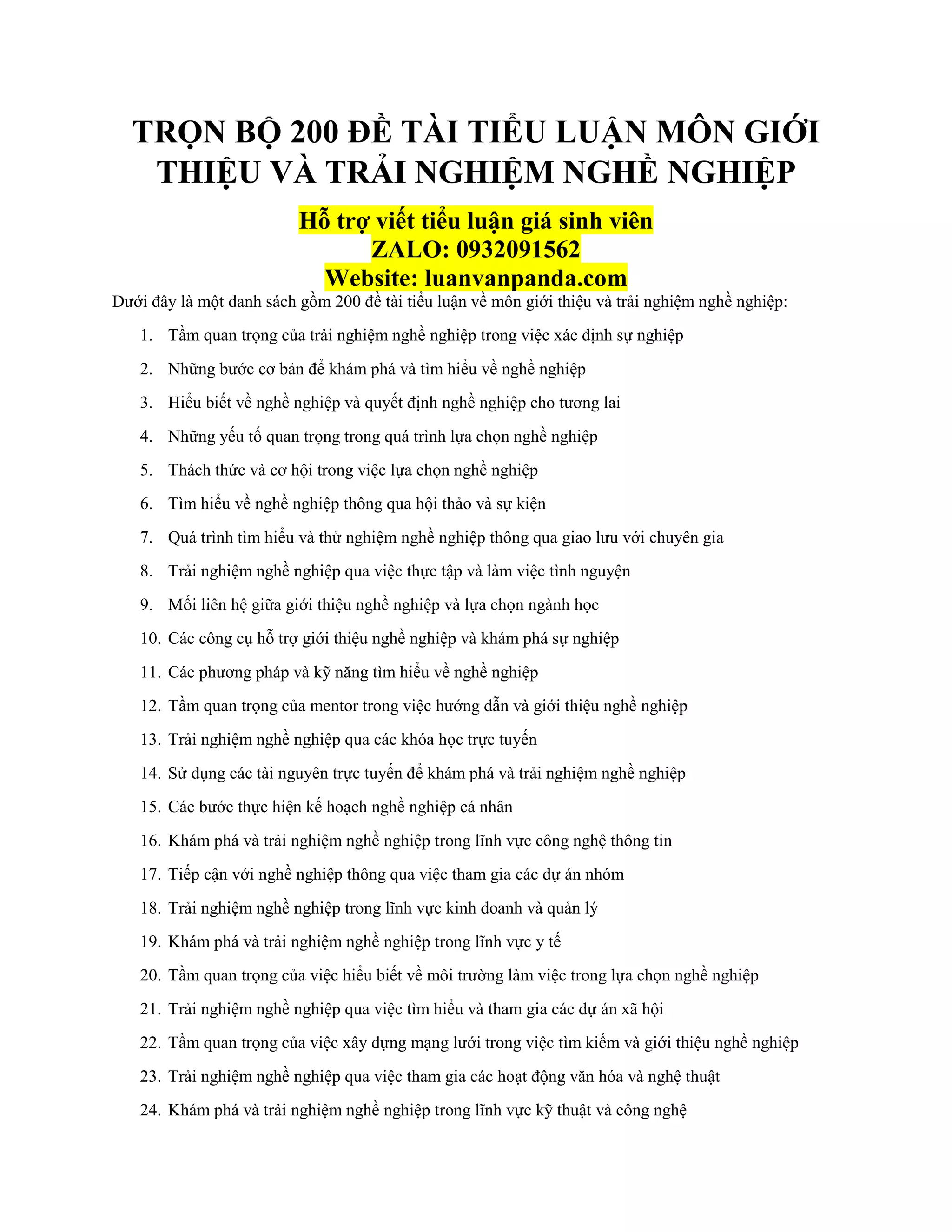 Trọn Bộ 200 Đề Tài Tiểu Luận Môn Giới Thiệu Và Trải Nghiệm Nghề Nghiệp | PDF