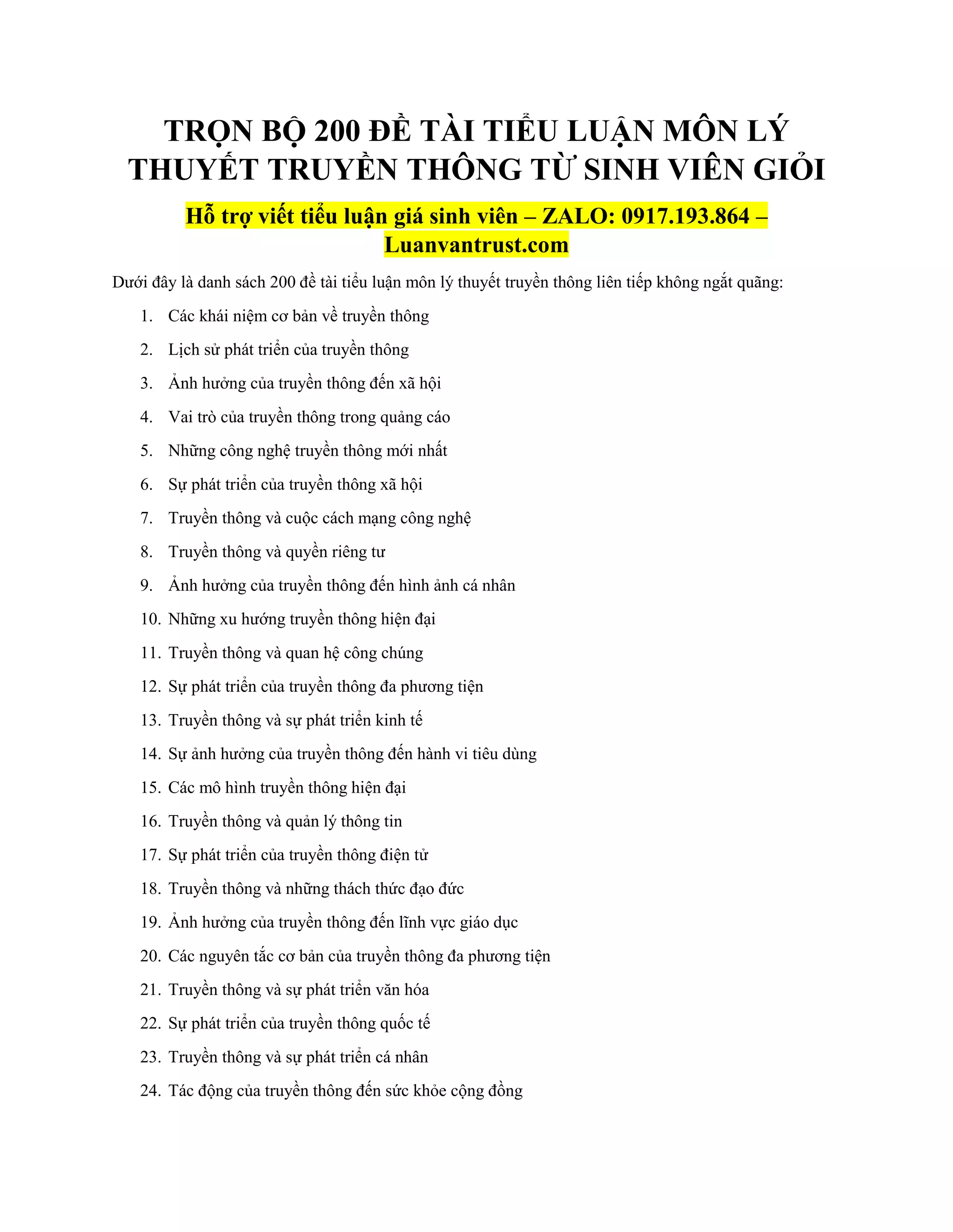 Trọn Bộ 200 Đề Tài Tiểu Luận Môn Lý Thuyết Truyền Thông Từ Sinh Viên Giỏi | DOCX