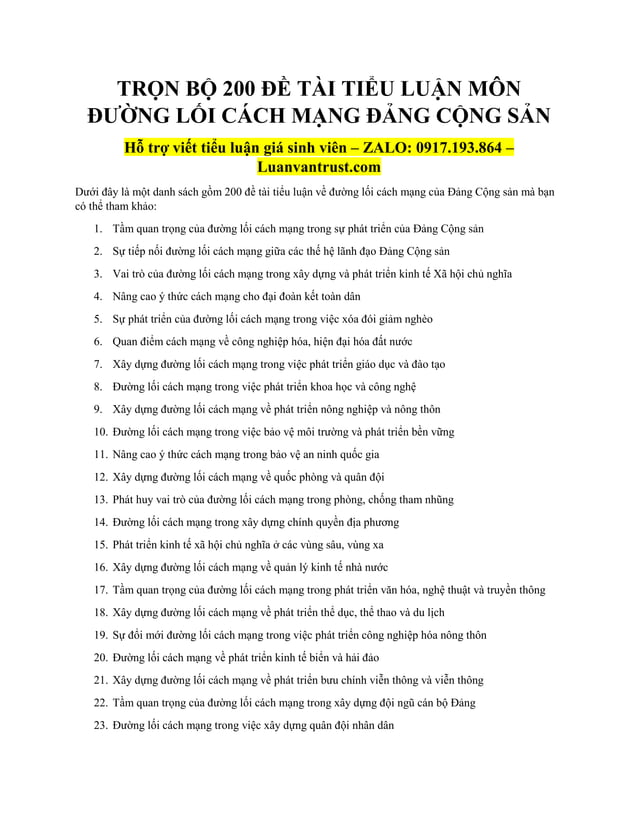 Trọn Bộ 200 Đề Tài Tiểu Luận Môn Đường Lối Cách Mạng Đảng Cộng Sản | DOCX