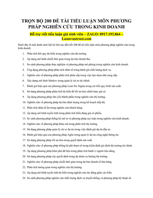 Trọn Bộ 200 Đề Tài Tiểu Luận Môn Phương Pháp Nghiên Cứu Trong Kinh Doanh | DOCX