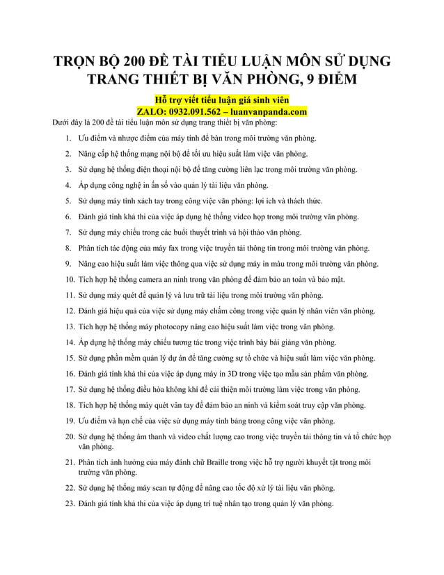Trọn Bộ 200 Đề Tài Tiểu Luận Môn Sử Dụng Trang Thiết Bị Văn Phòng, 9 Điểm | DOCX