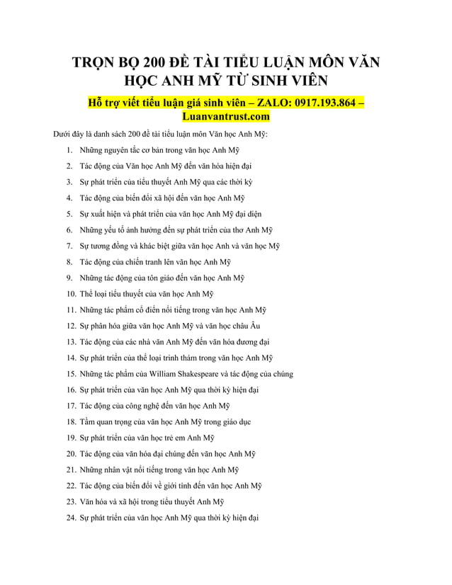 Trọn Bộ 200 Đề Tài Tiểu Luận Môn Văn Học Anh Mỹ Từ Sinh Viên | DOCX