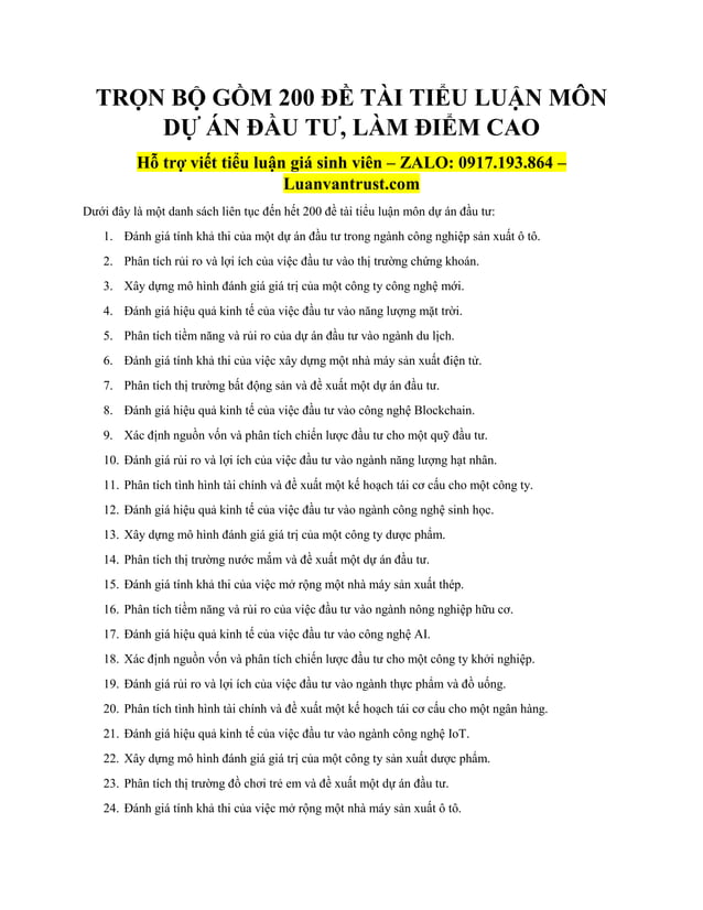 Trọn Bộ Gồm 200 Đề Tài Tiểu Luận Môn Dự Án Đầu Tư, Làm Điểm Cao | DOCX