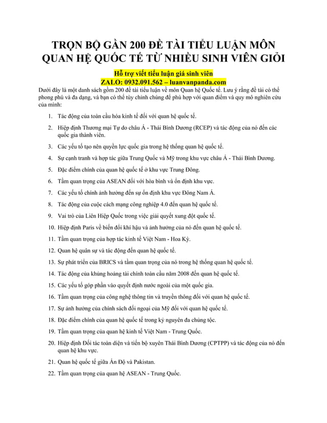 Trọn Bộ Gần 200 Đề Tài Tiểu Luận Môn Quan Hệ Quốc Tế Từ Nhiều Sinh Viên Giỏi | DOCX