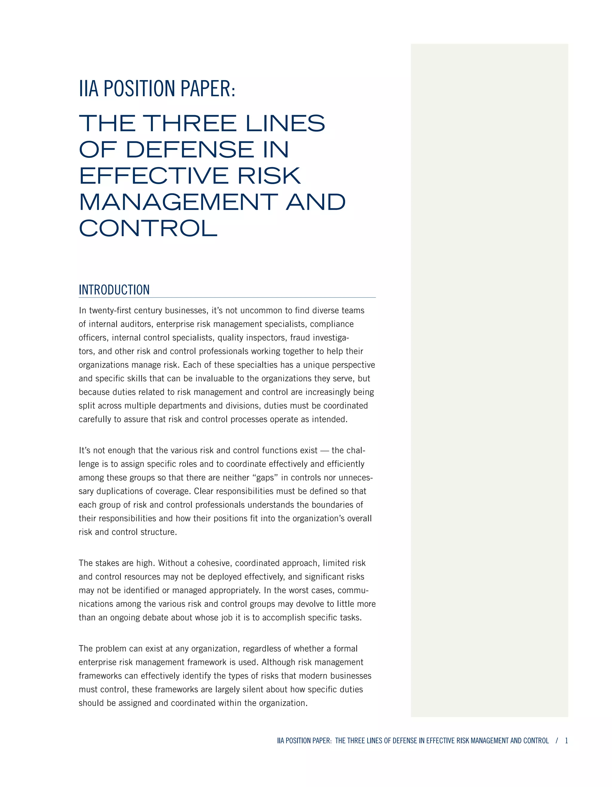 Pp the three lines of defense in effective risk management and control ...