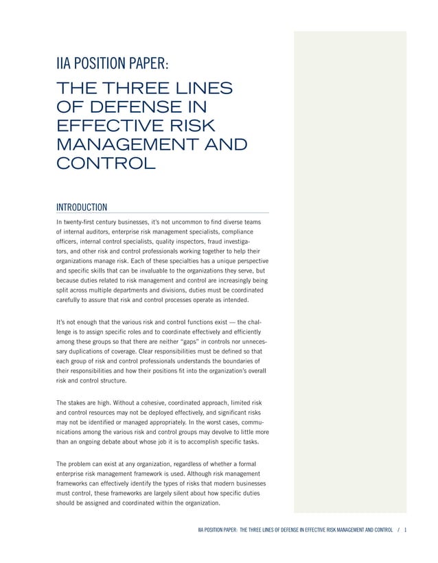 Pp the three lines of defense in effective risk management and control ...