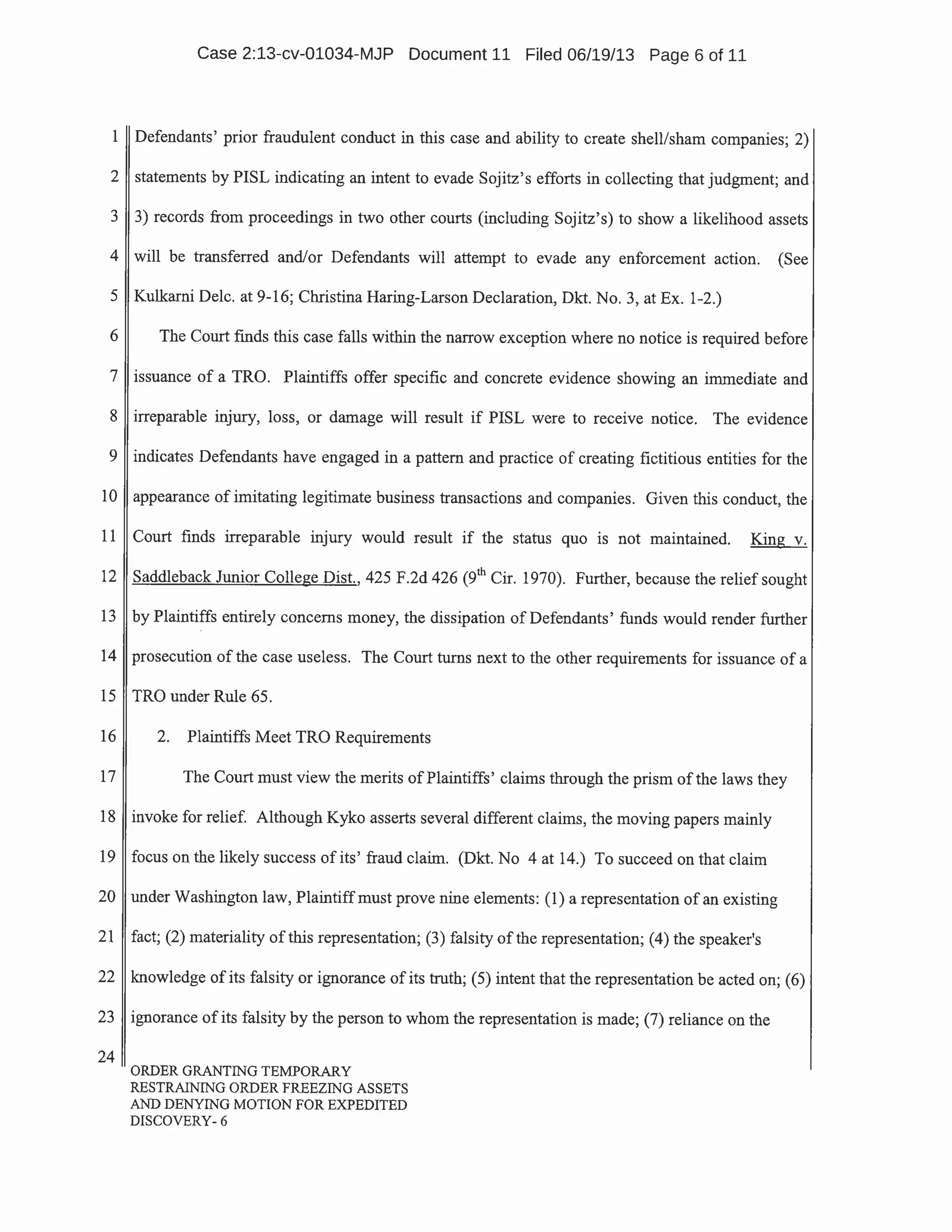 Order Granting Temporary Restraining Order Freezing Assets Against ...