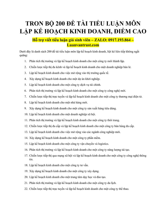 Trọn Bộ 200 Đề Tài Tiểu Luận Môn Lập Kế Hoạch Kinh Doanh, Điểm Cao | DOCX