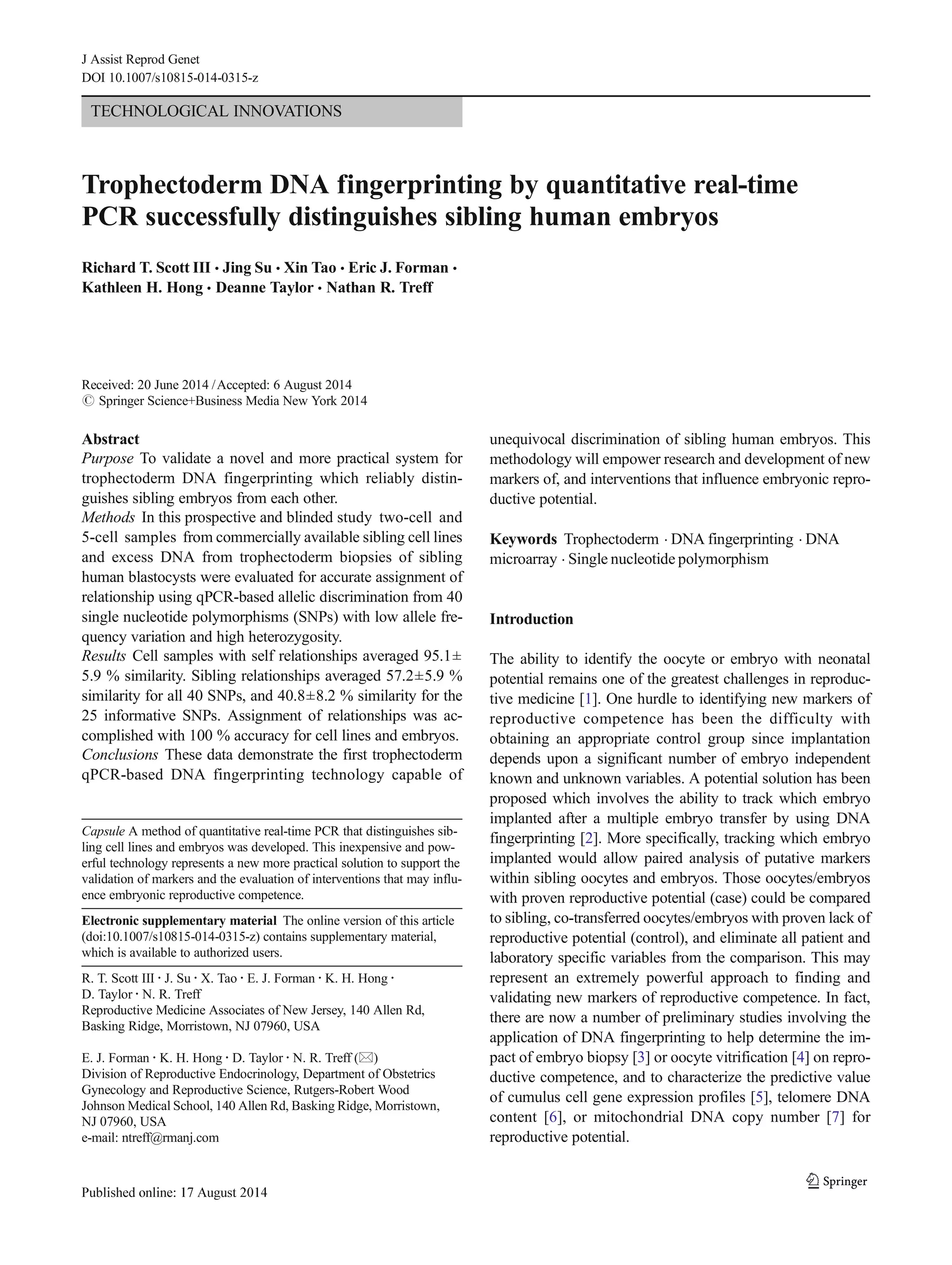 Trophectoderm dna fingerprinting by quantitative real time pcr successfully distinguishes ...