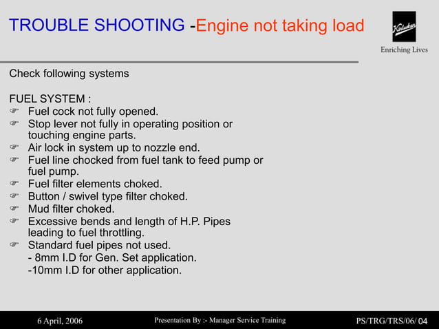 TROUBLE SHOOTING OF KIRLOSKAR DIESEL ENGINES | PPT | Auto Repair | Automotive