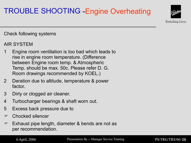 TROUBLE SHOOTING OF KIRLOSKAR DIESEL ENGINES | PPT | Auto Repair | Automotive