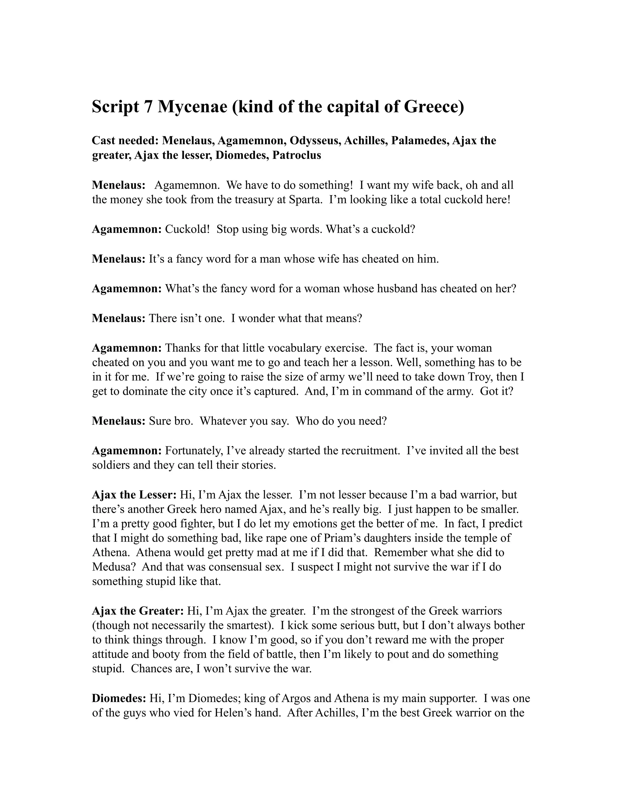 Troy-Scripts. THE TROJAN WAR A COLLECTION OF READER'S THEATER SCRIPT ...