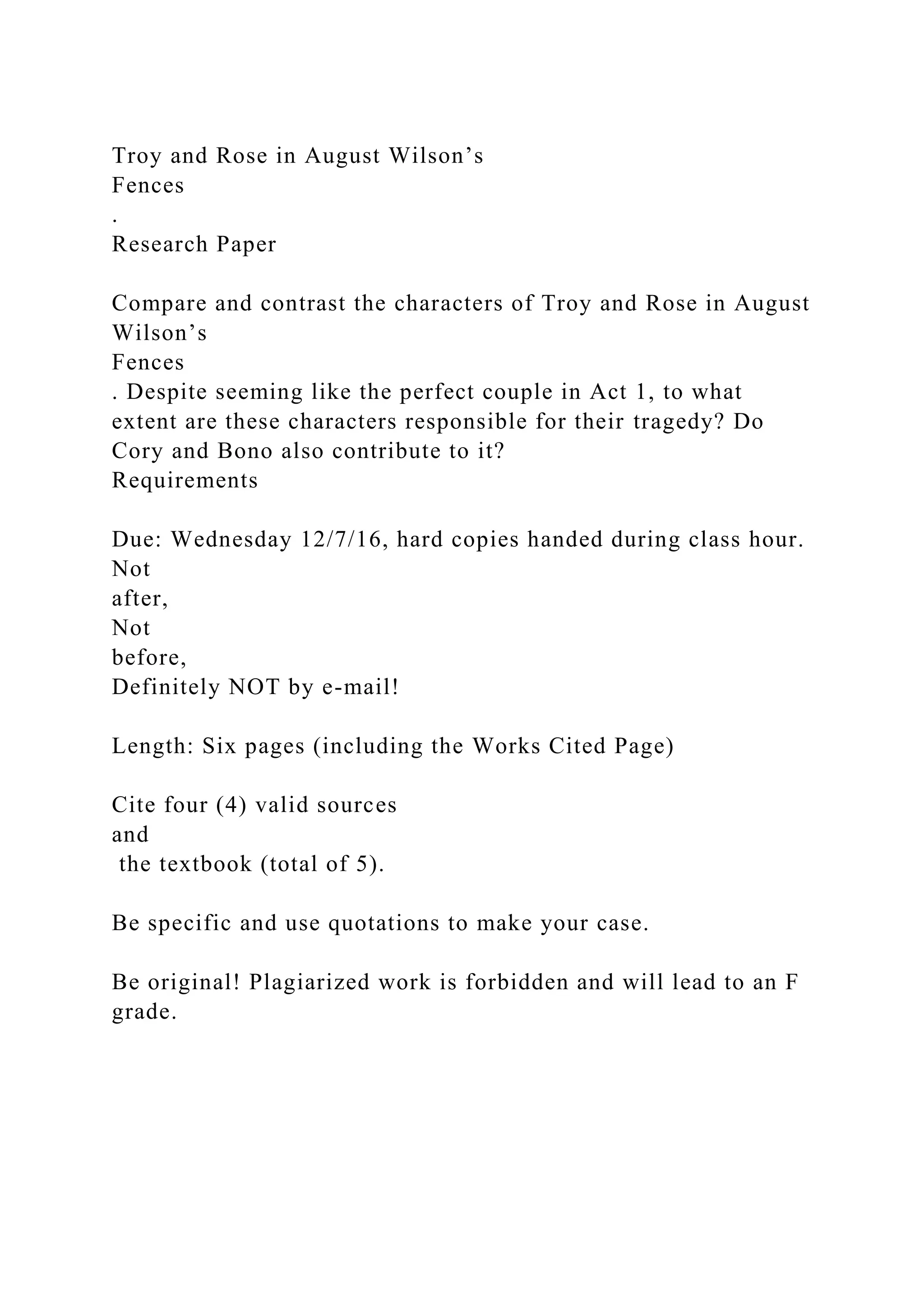 Troy and Rose in August Wilson’s Fences.Research PaperComp.docx