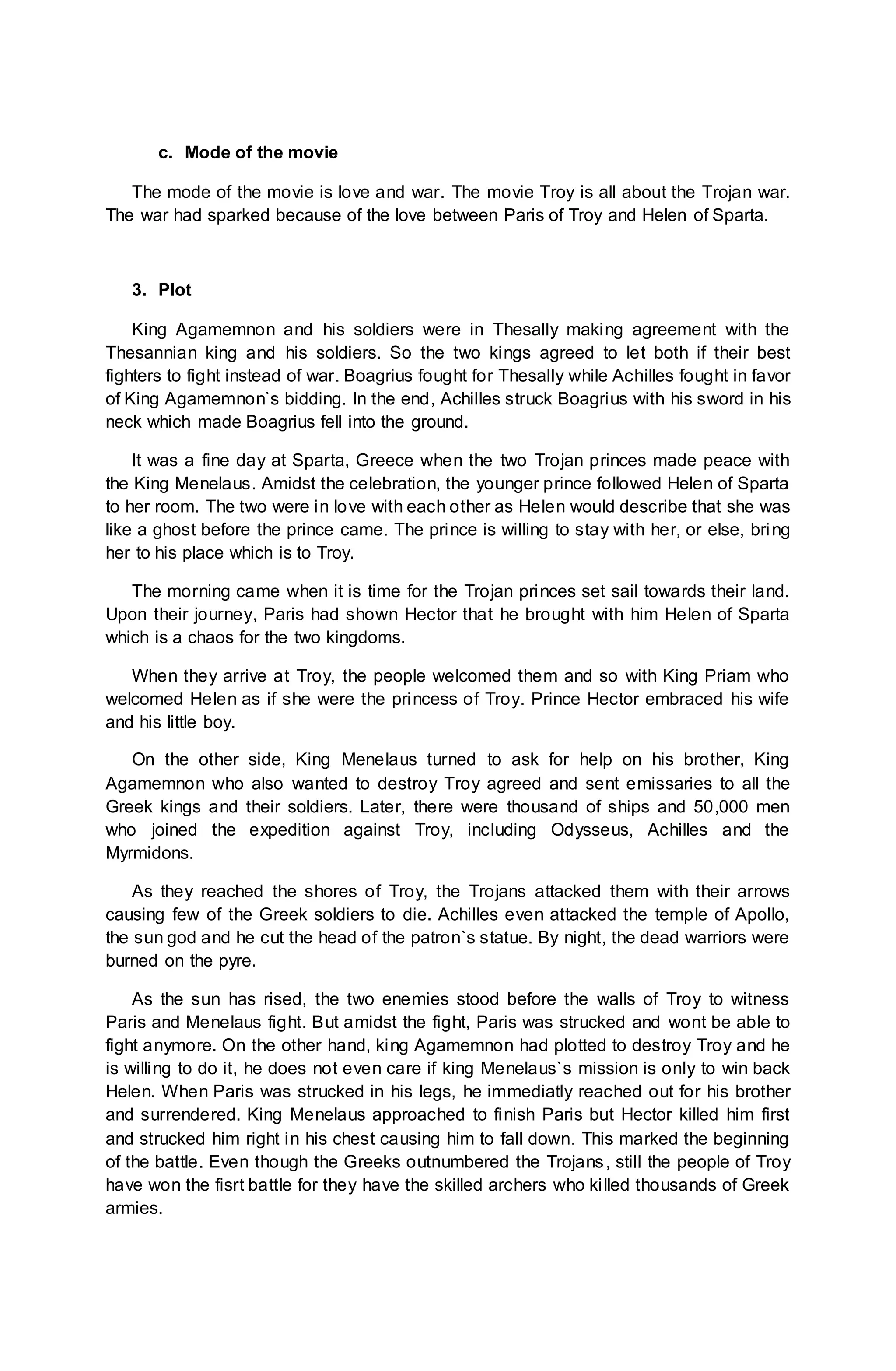 Synopsis of the Movie Troy | DOCX