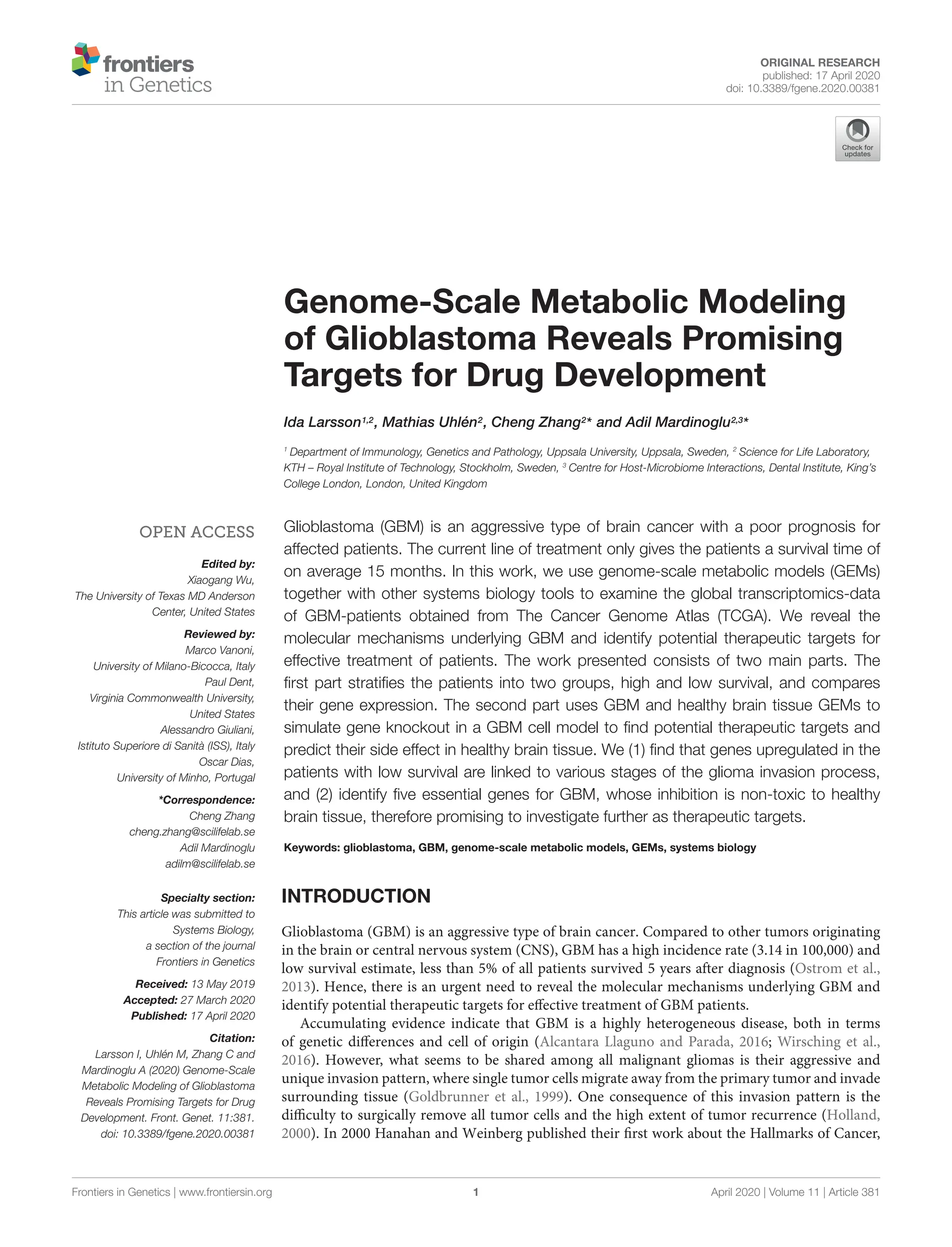 Genome Scale Metabolic Modeling Of Glioblastoma Reveals Promising Targets For Drug Development Pdf