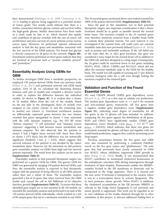 Genome Scale Metabolic Modeling Of Glioblastoma Reveals Promising Targets For Drug Development Pdf