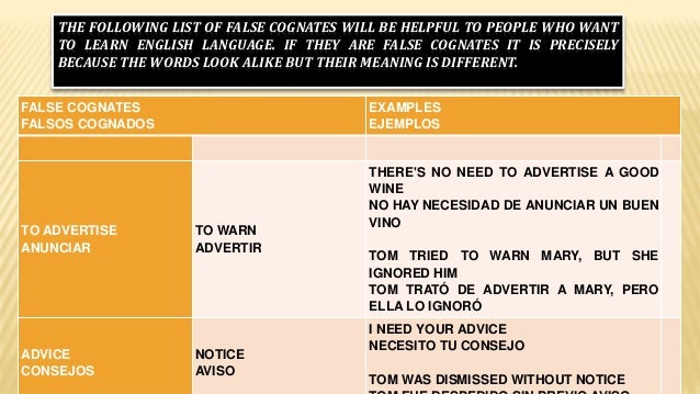 True and false cognates ENGLISH-SPANISH