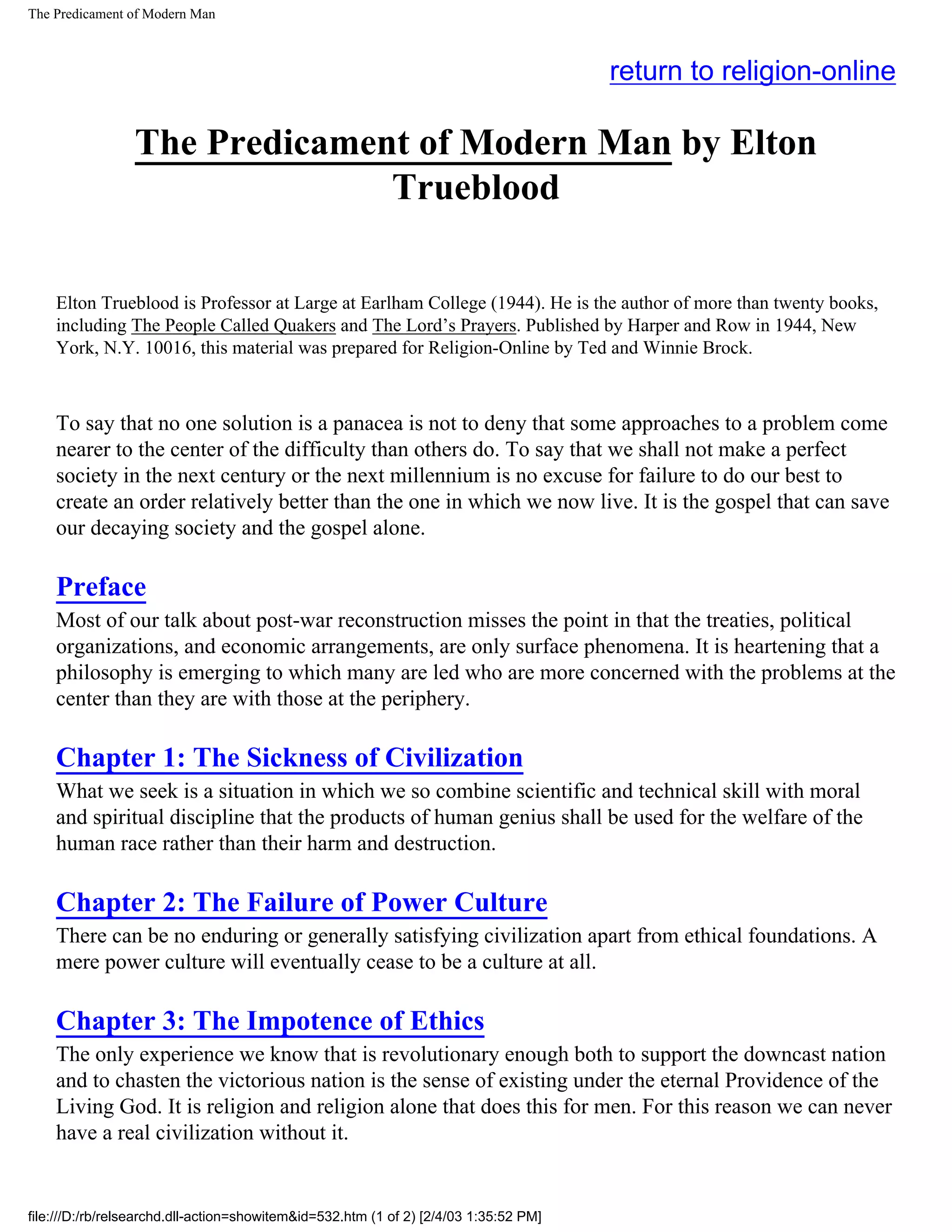 Trueblood, elton the predicament of modern man | PDF