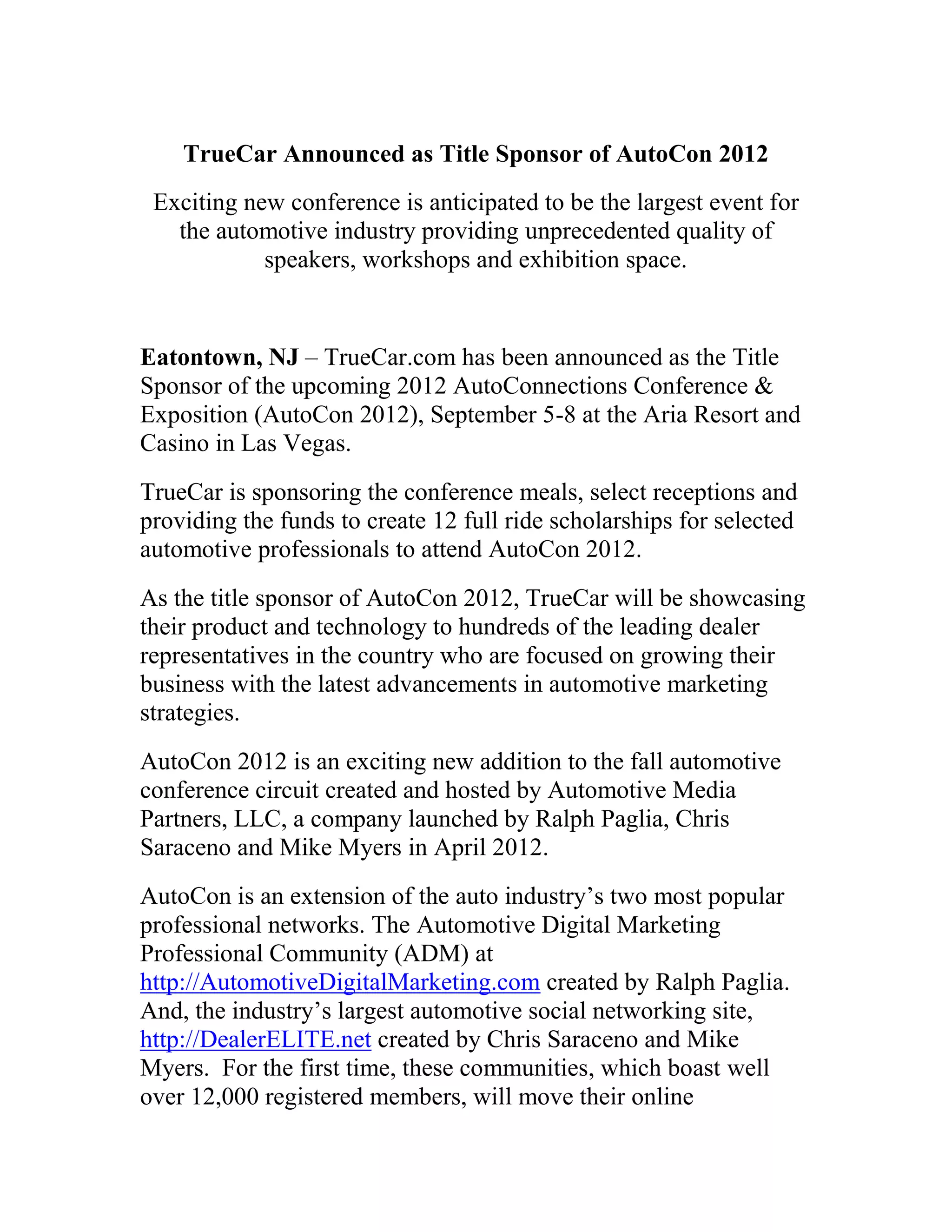 True car announced as title sponsor of autocon 2012 | DOCX