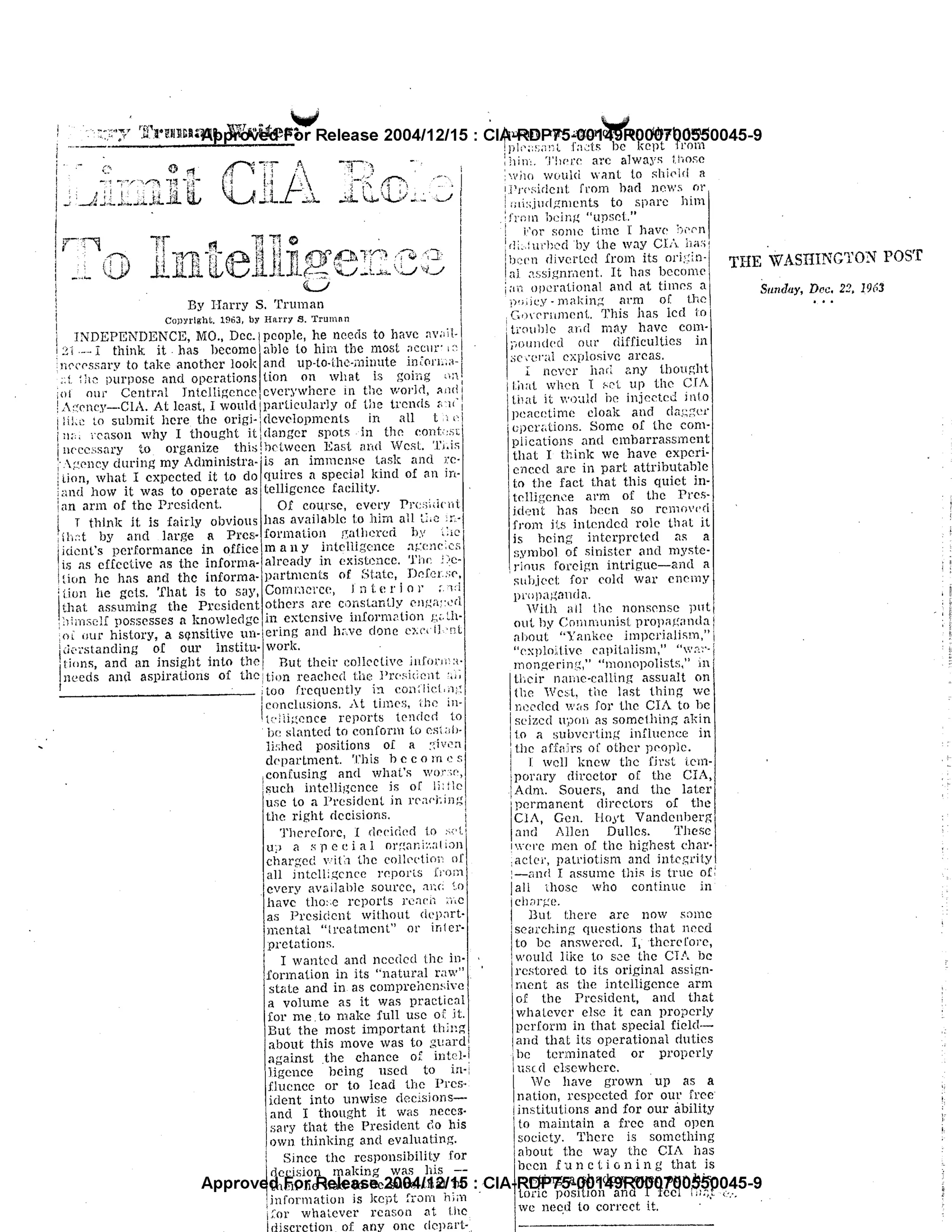 Truman: Limit CIA Role To Intelligence | PDF