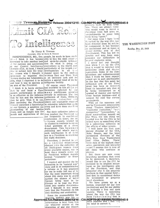 Truman: Limit CIA Role To Intelligence | PDF