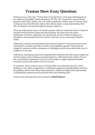 Truman Show Essay Questions. The Truman Show Essay Example StudyHippo.com