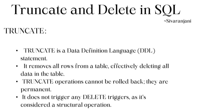 Difference between Truncate and Delete in SQL | PPT