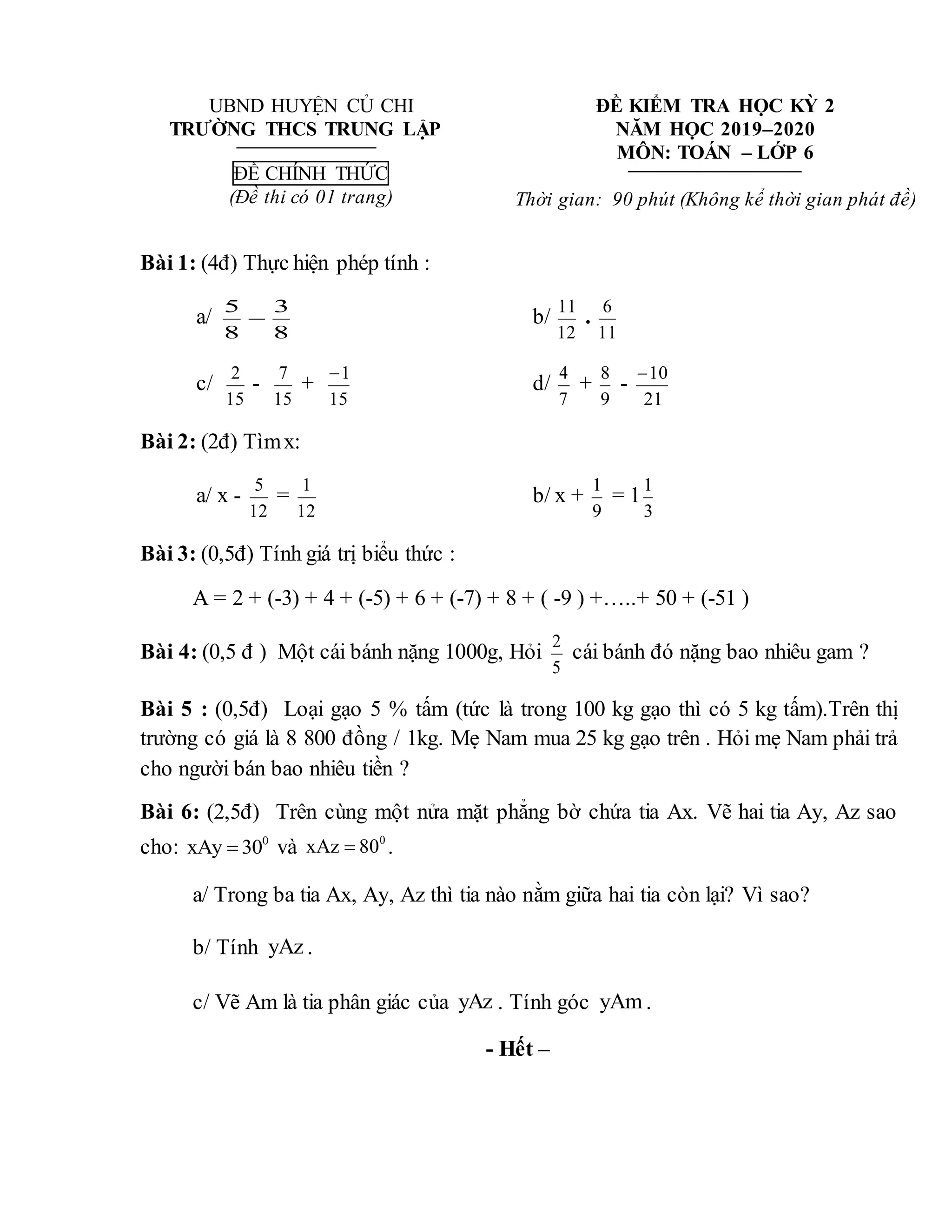 Đề Thi HK2 Toán 6 - THCS Trung Lập | PDF