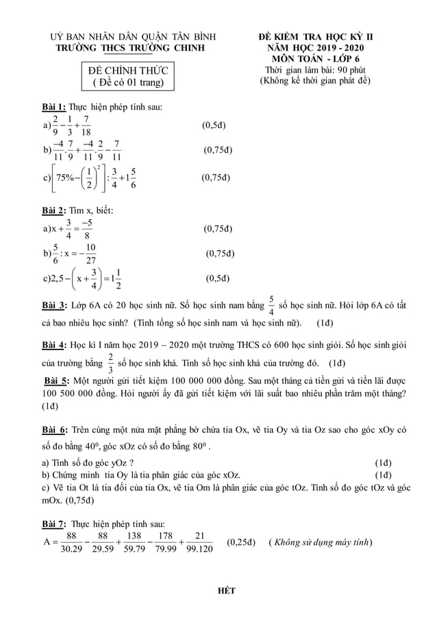 Đề Thi HK2 Toán 6 - THCS Trường Chinh | DOC