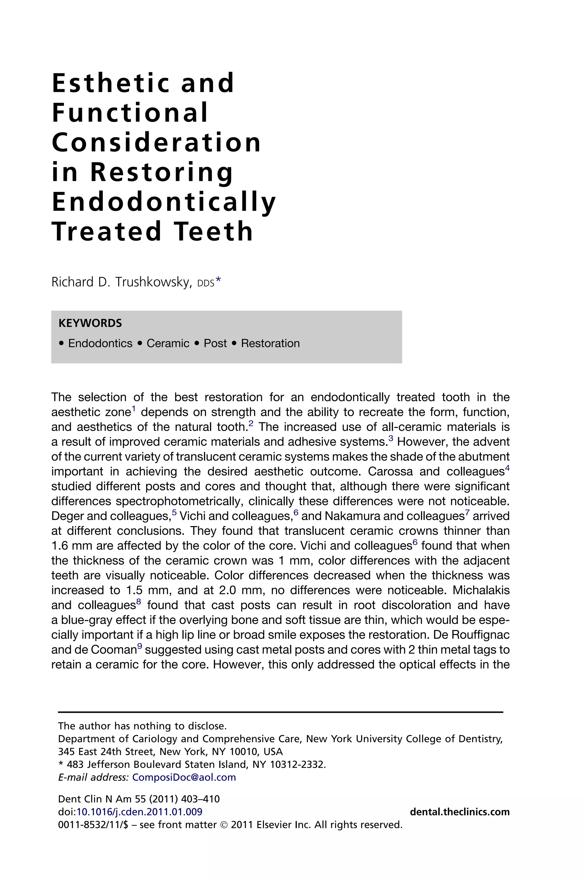 Esthethic And Functional Consideration in Restoring Endodontically | PDF