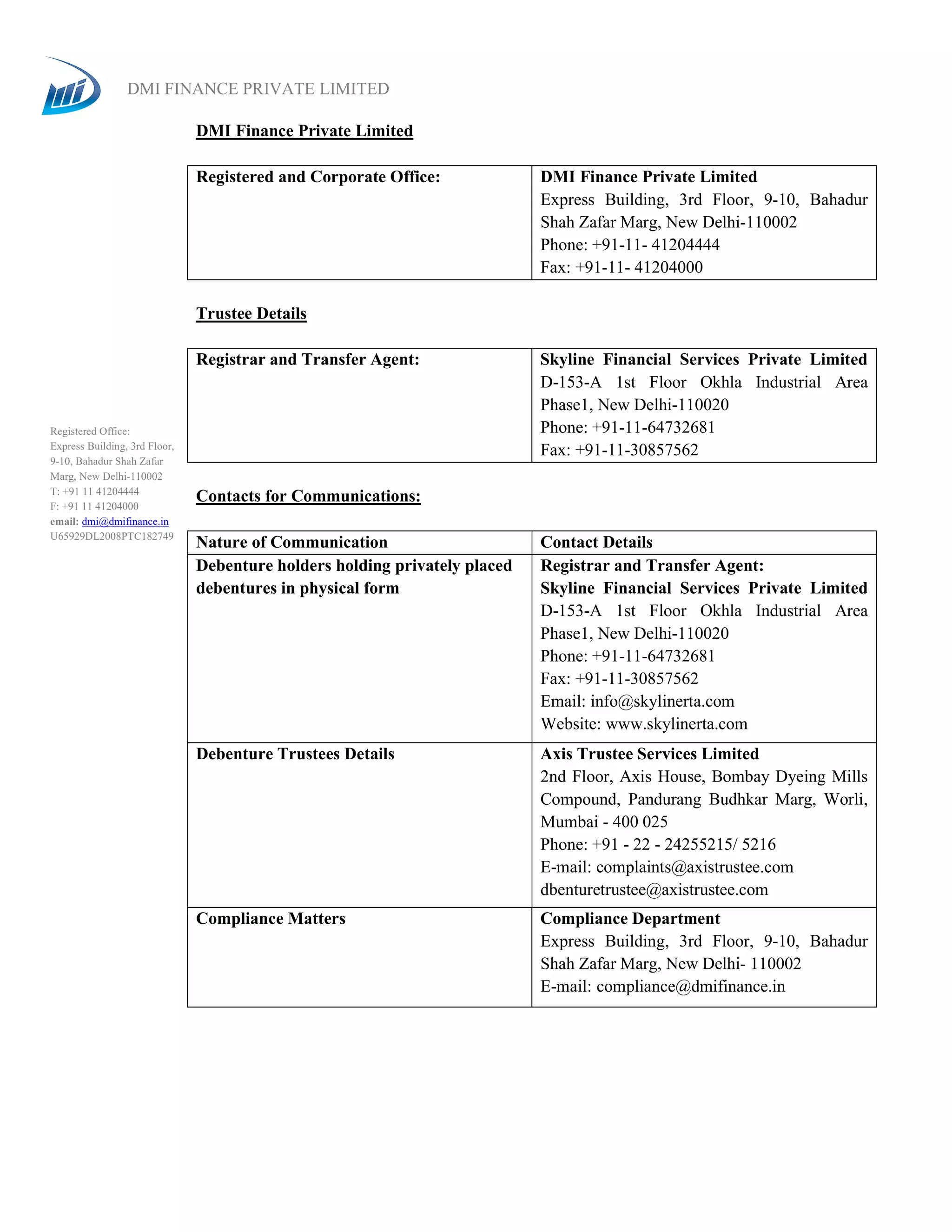 Trustee details - DMI Finance Pvt. Ltd. | PDF