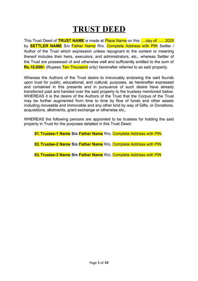 Trust Deed Format and Process PDF Download | DOCX