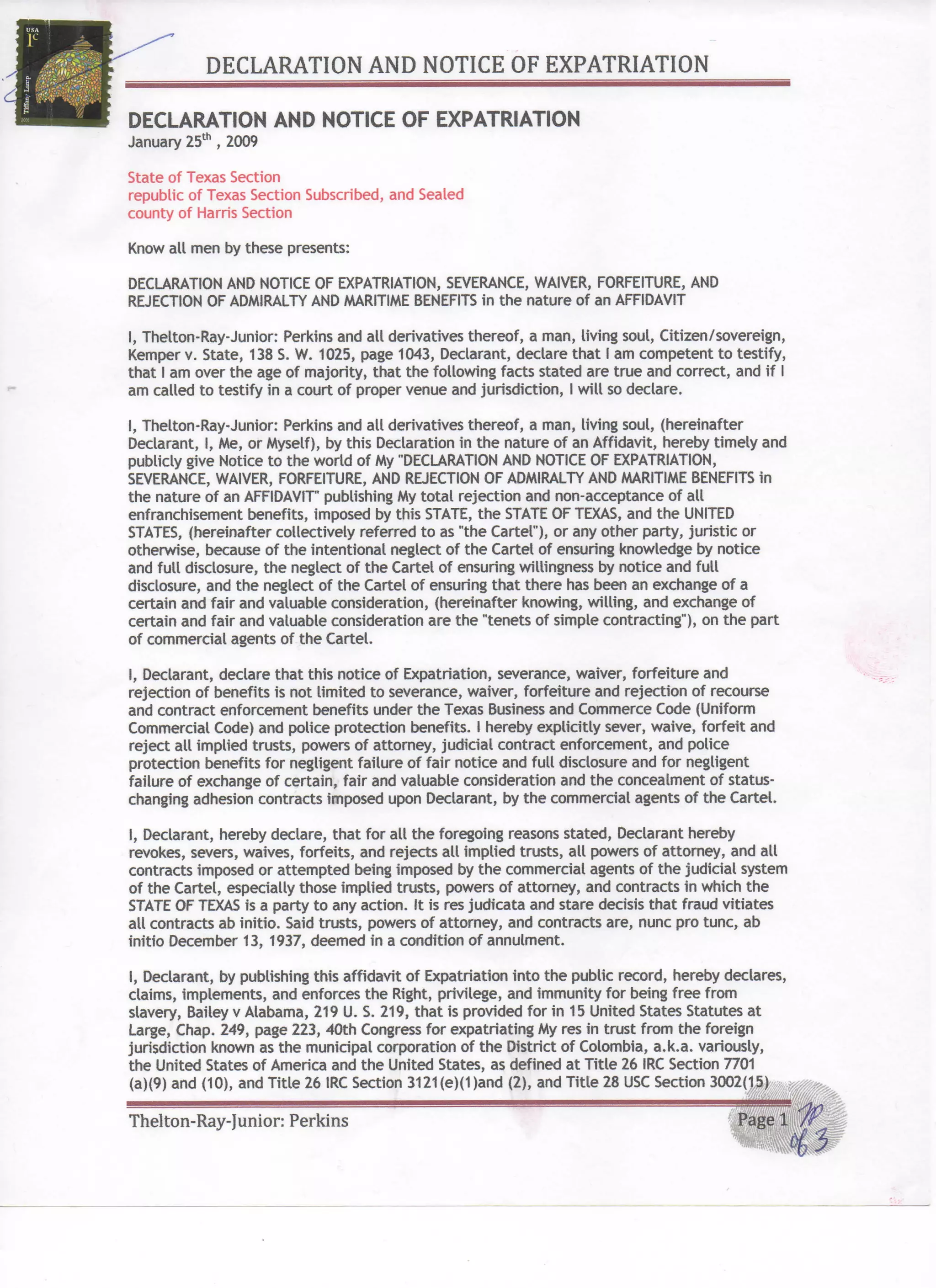 Affidavit of Truth and notice to Agents - Thelton-Ray-Junior Perkins ...