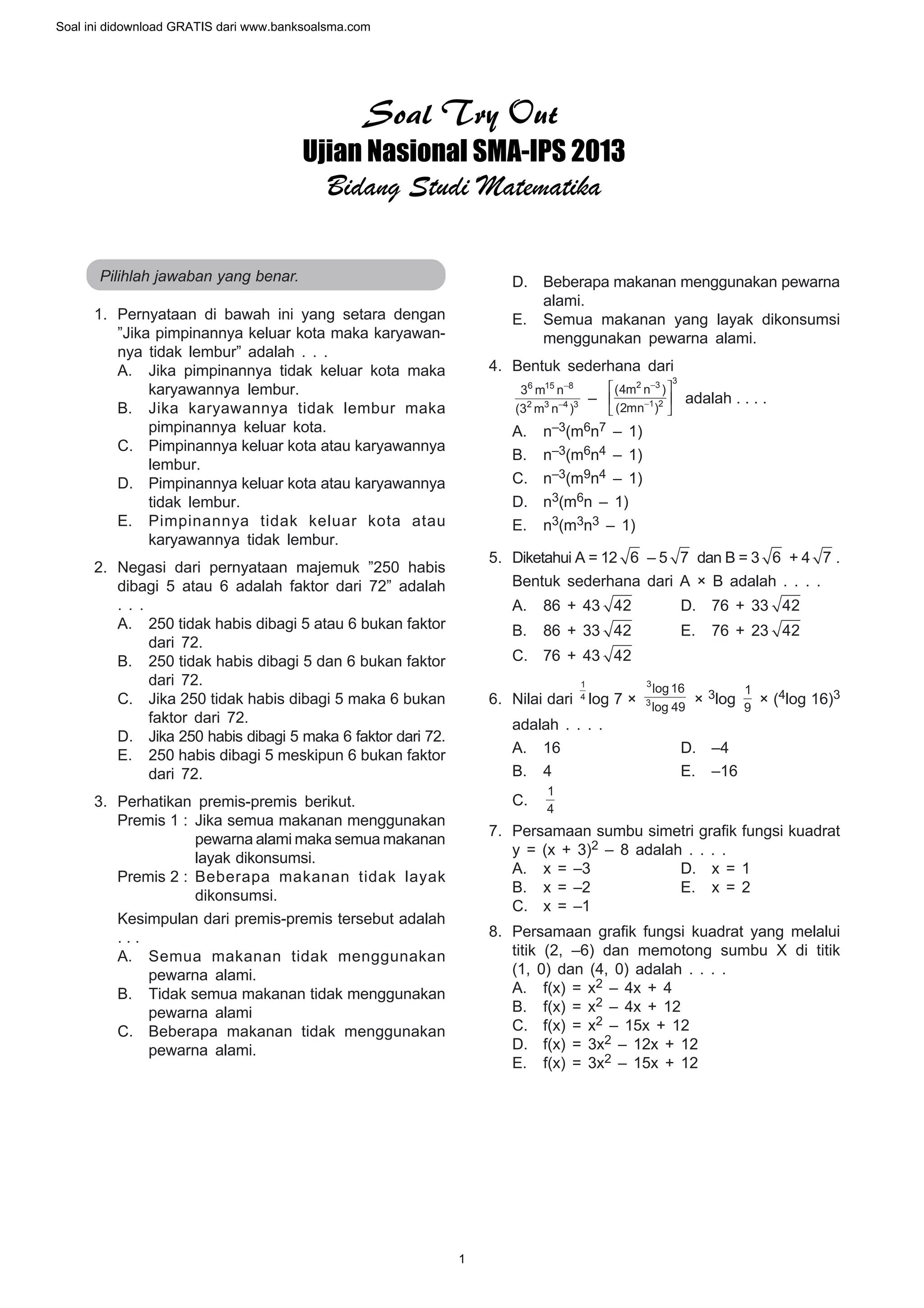 Try out ujian nasional matematika sma ipa ips 2013 | PDF Try out ujian nasional matematika sma ipa ips 2013 | PDF